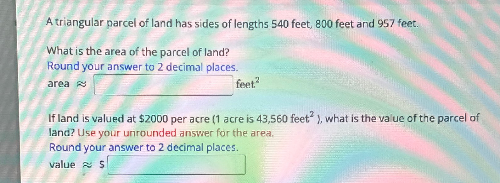 Solved A triangular parcel of land has sides of lengths 540 | Chegg.com