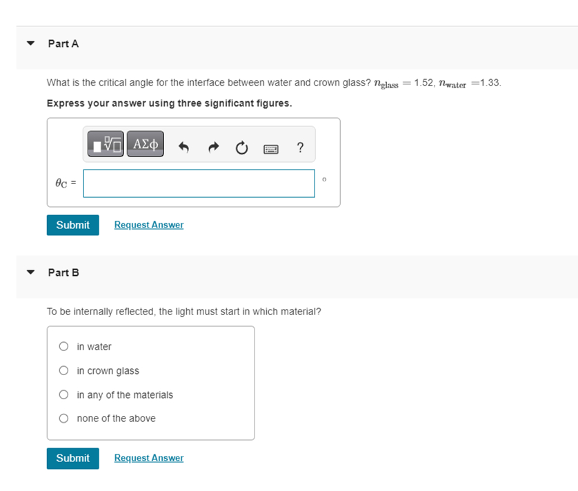 Solved Part AWhat is the critical angle for the interface | Chegg.com