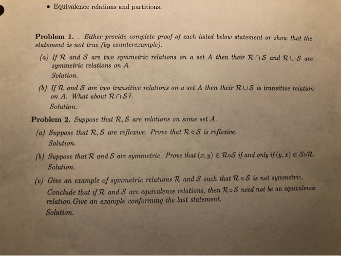 Solved • Equivalence relations and partitions. Problem 1. . | Chegg.com