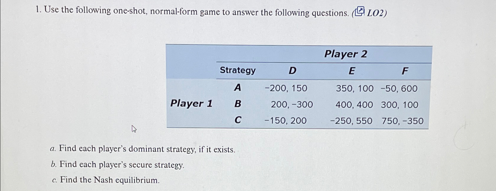 Solved Use the following one-shot, normal-form game to | Chegg.com