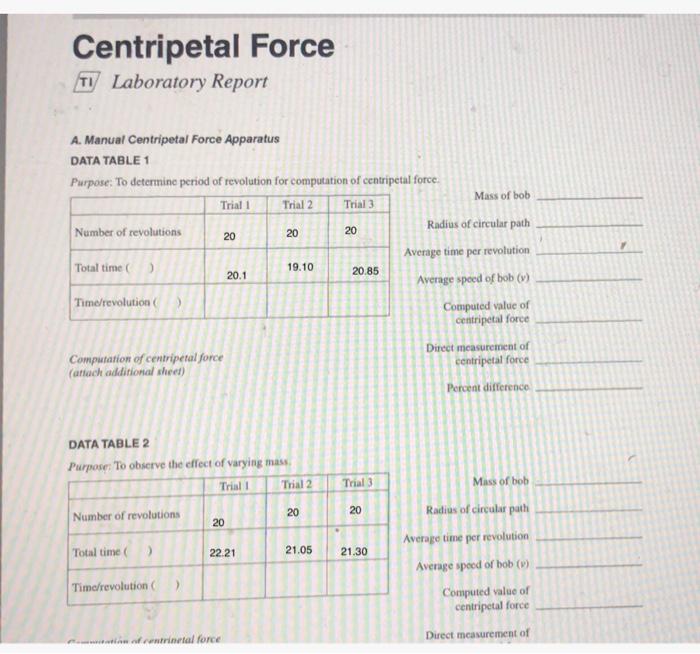Centripetal Force TI Laboratory Report 20 20 A. | Chegg.com