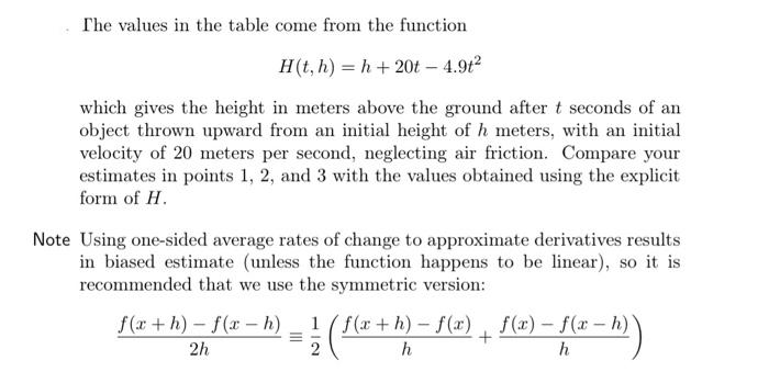 Solved This is a table of the values of a function H(t,h) at | Chegg.com