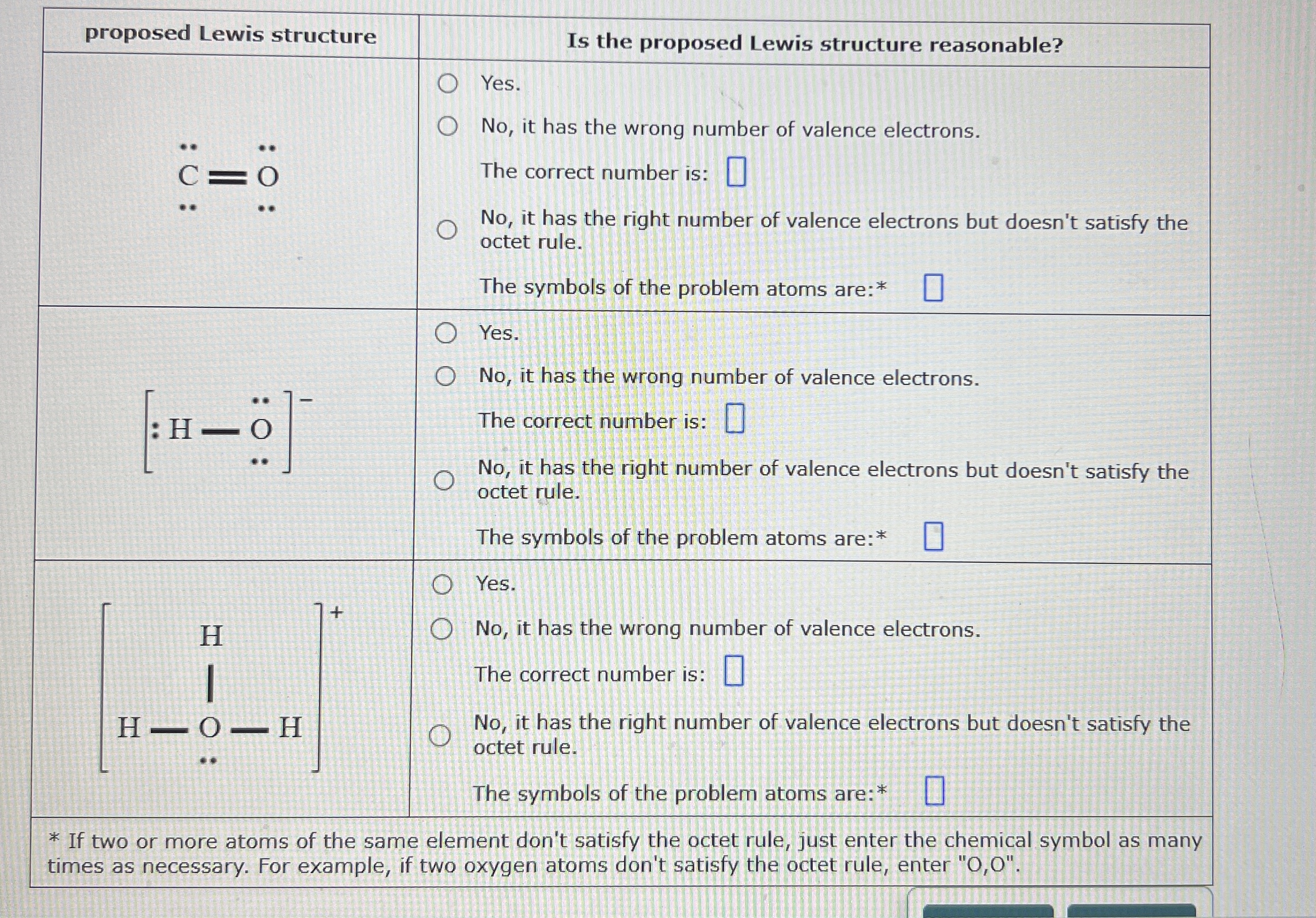 Solved \table[[proposed Lewis structure,Is the proposed | Chegg.com