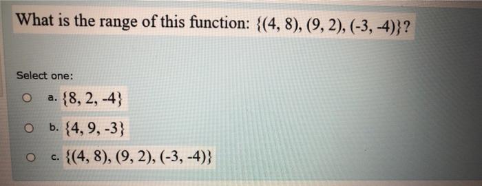 Solved What is the range of this function: {(4,8), (9,2), | Chegg.com