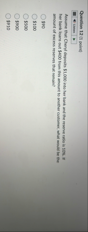 Solved Question 12 (1 ﻿point) Assume that Cheryl deposits | Chegg.com