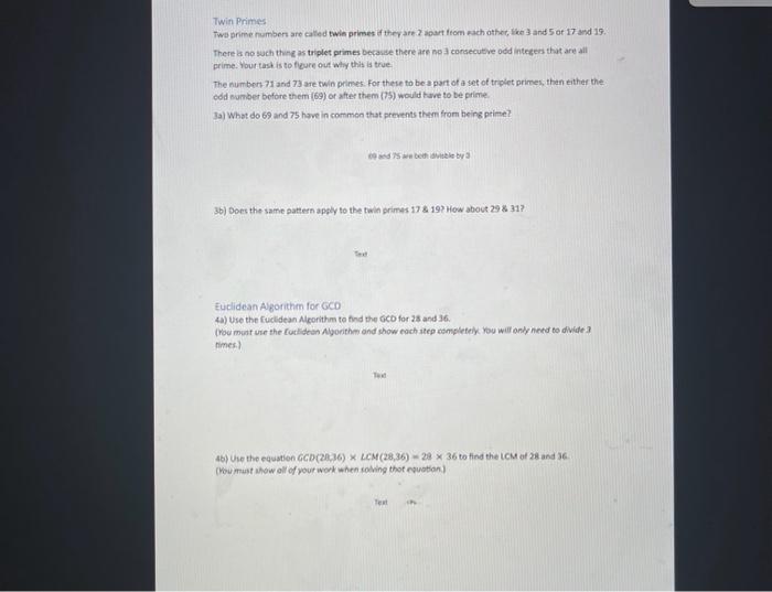 Solved Twin Primes Twu prime number are called twie primes | Chegg.com