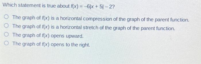 Solved Which statement is true about f(x) = −6|x + 5| − 2? O | Chegg.com