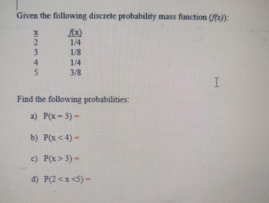 Solved Given the following discrete probability mass | Chegg.com