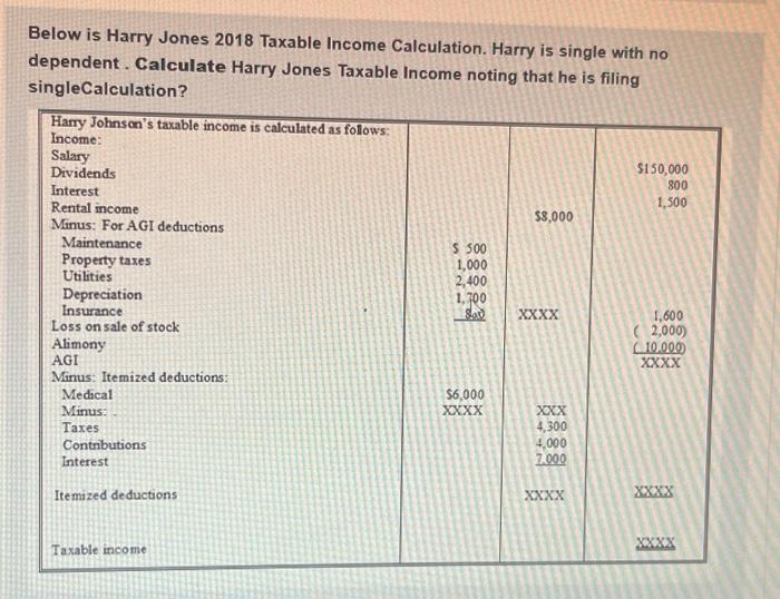 Solved Below is Harry Jones 2018 Taxable Income Calculation. | Chegg.com