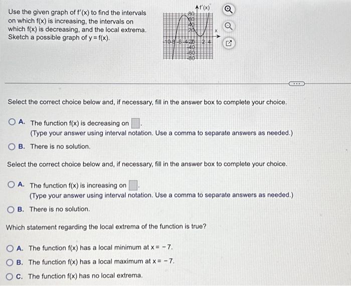 Solved Use the given graph of f′(x) to find the intervals on | Chegg.com