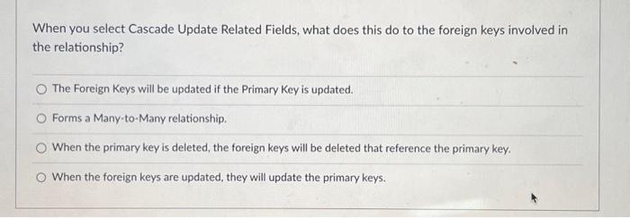 Solved When you select Cascade Update Related Fields, what | Chegg.com
