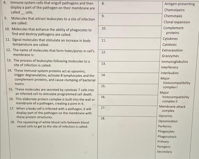 Solved 8. 9. 10. 11. 12. 13 . 8. Immune system cells that | Chegg.com