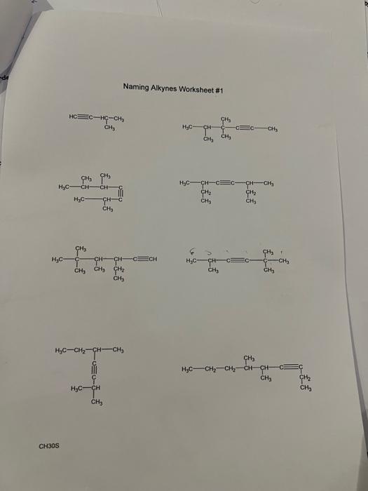 Solved Naming Alkynes Worksheet \#1 CH30S4- The diagram | Chegg.com