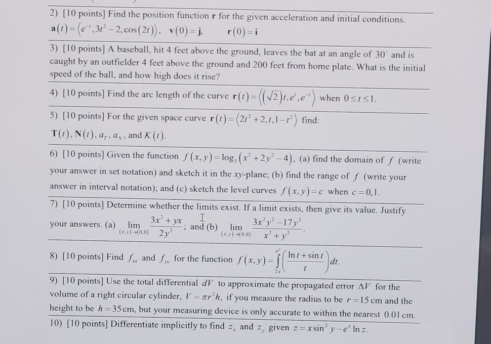 Solved 2) [10 points) Find the position function r for the | Chegg.com