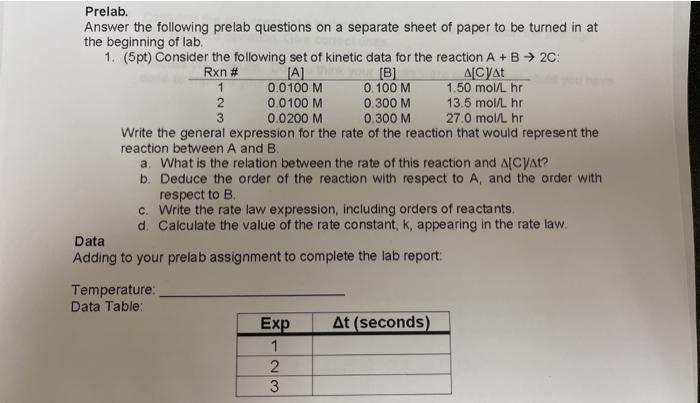 Solved Prelab. Answer the following prelab questions on a | Chegg.com