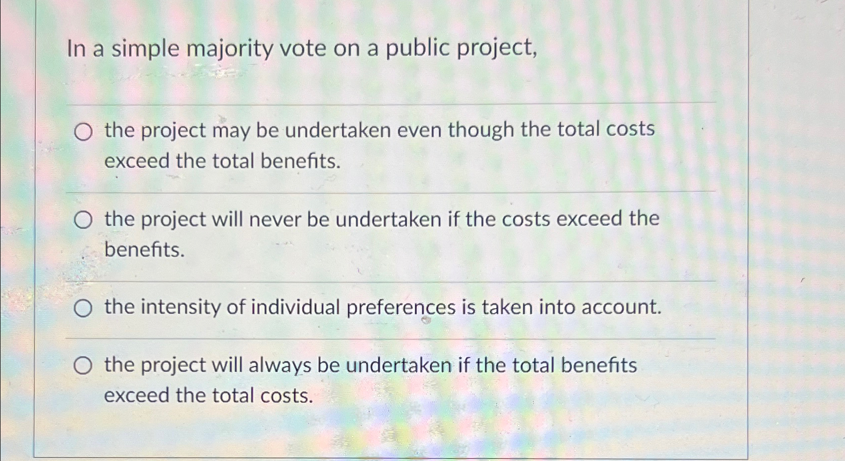 Solved In a simple majority vote on a public project,the | Chegg.com