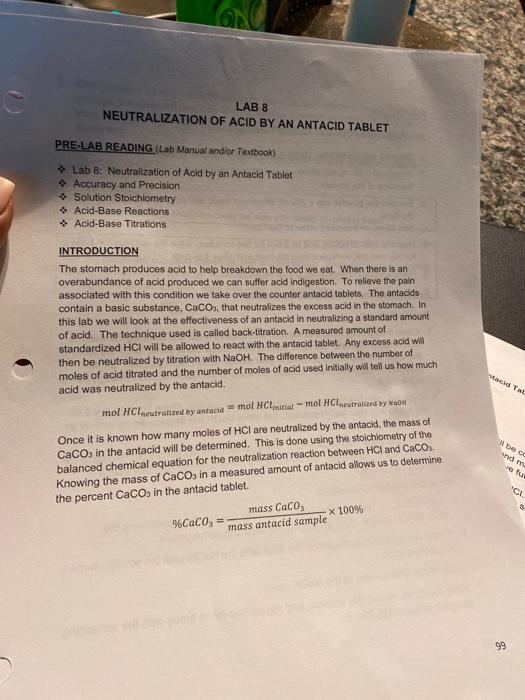 Solved LAB 8 NEUTRALIZATION OF ACID BY AN ANTACID TABLET | Chegg.com