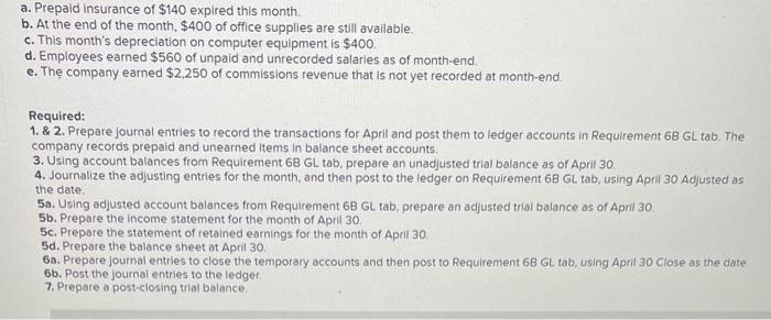 Solved a. Prepaid insurance of $140 expired this month. b. | Chegg.com