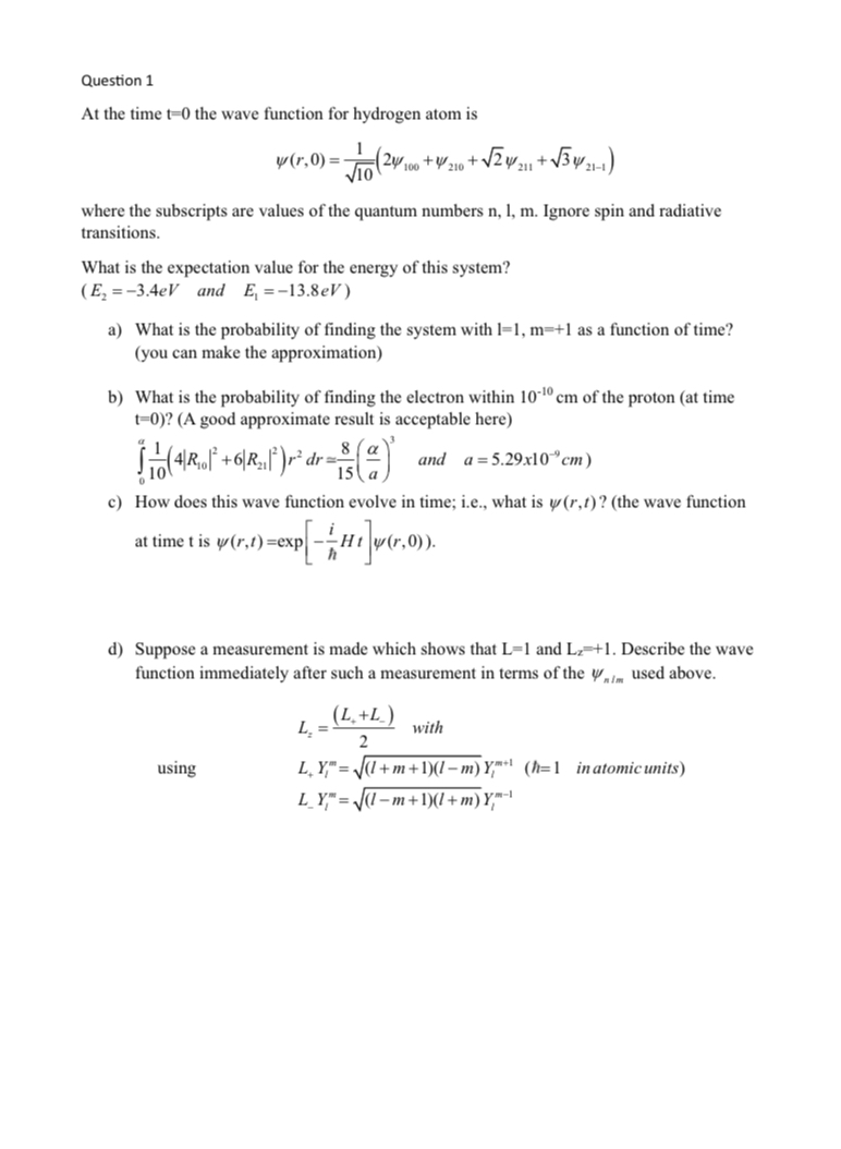 Solved Question 1At the time t=0 ﻿the wave function for | Chegg.com