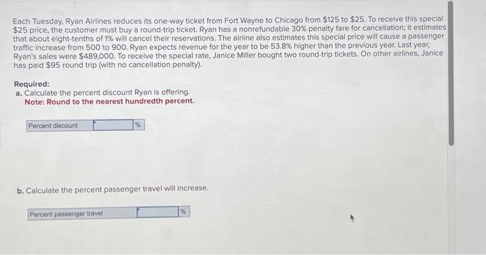 Solved Each Tuesday. Ryan Airlines reduces its one-way | Chegg.com