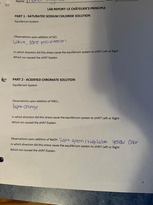 Solved LAB REPORT: LE CHÂTELIER'S PRINCIPLE PART 1 - | Chegg.com