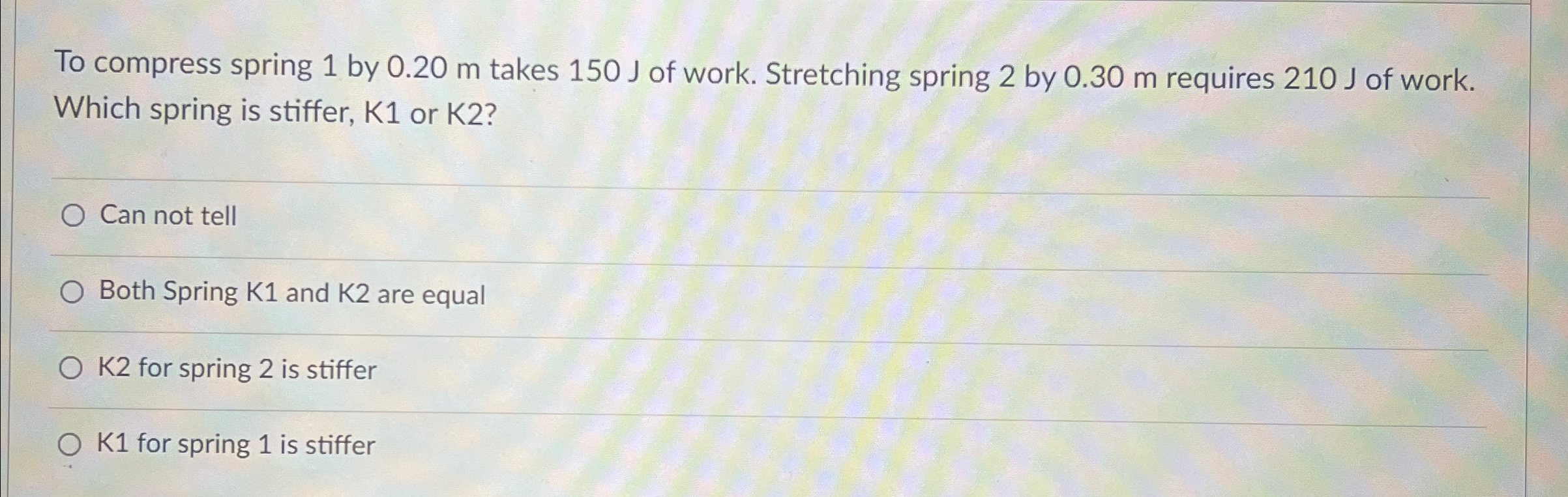 Solved To compress spring 1 ﻿by 0.20m ﻿takes 150J ﻿of work. | Chegg.com