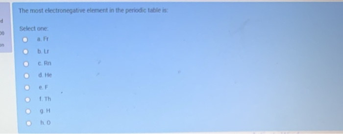 Solved The most electronegative element in the periodic | Chegg.com