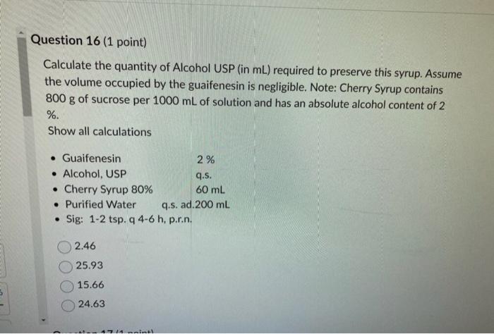 Solved Calculate the quantity of Alcohol USP (in mL ) | Chegg.com