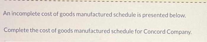 An incomplete cost of goods manufactured schedule is | Chegg.com
