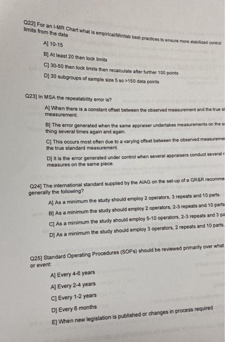 Solved Q22] For an I-MR Chart what is empirical/Minitab best | Chegg.com