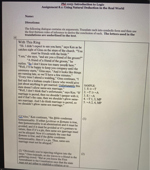 Solved Phl 1105: Introduction to Logic Assignment 8.1: Using | Chegg.com