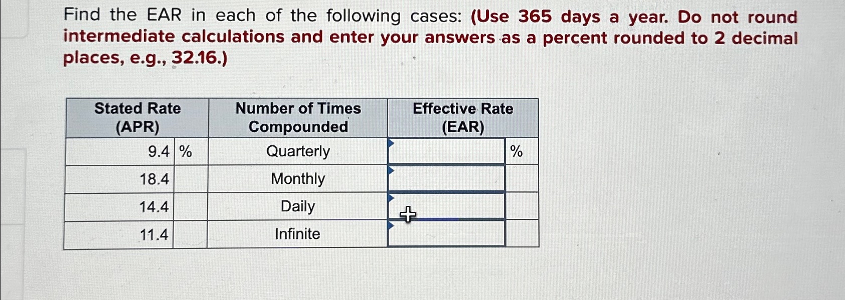 Solved Find the EAR in each of the following cases: (Use 365 | Chegg.com