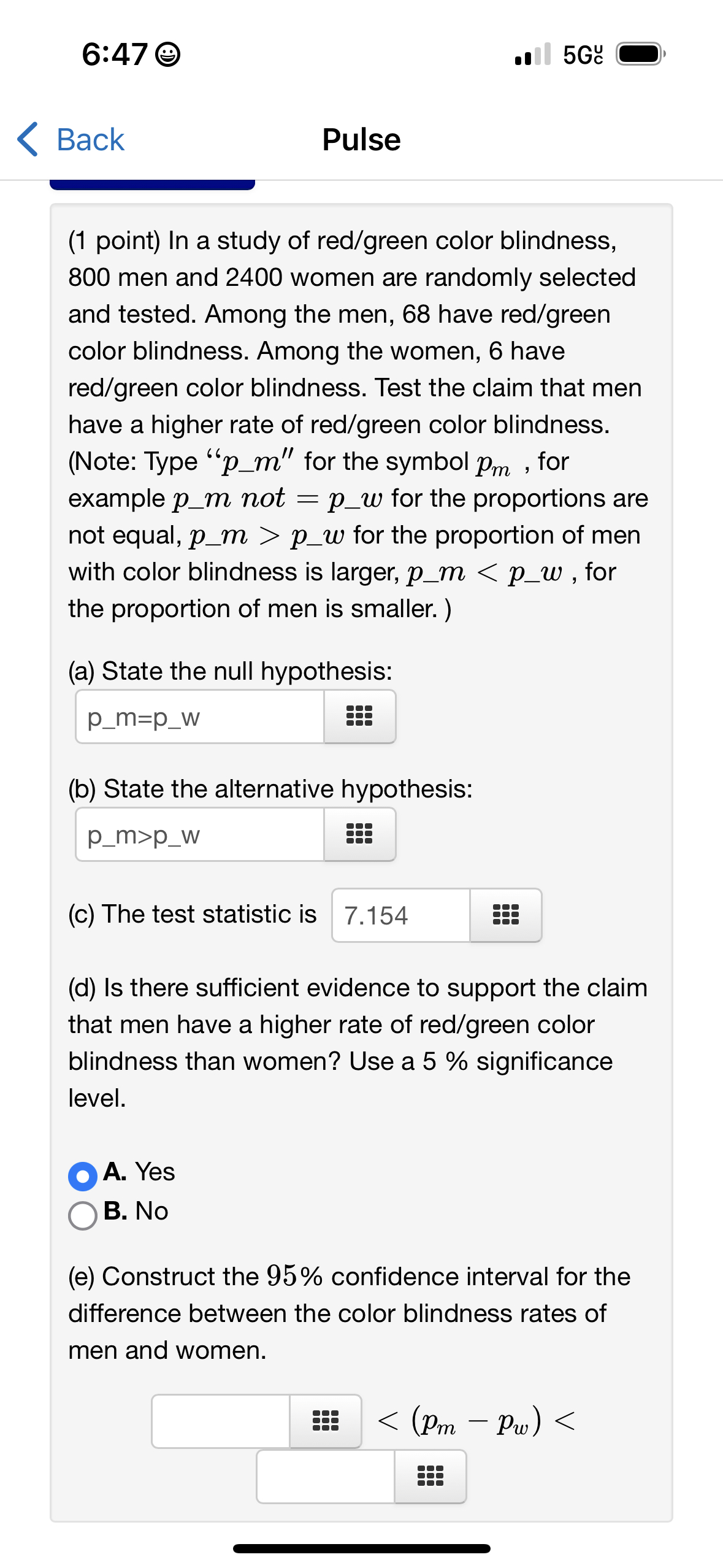 Solved 6:475GcuBackPulse(1 ﻿point) ﻿In a study of red/green | Chegg.com