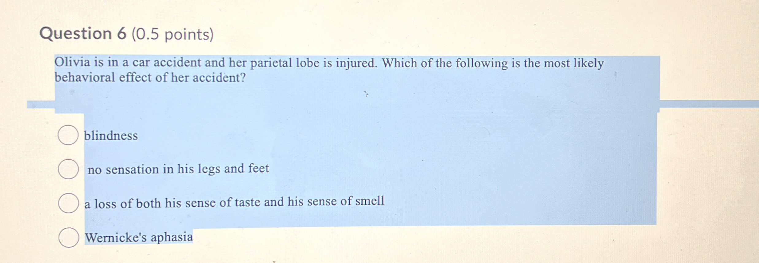 Solved Question 6 ( 0.5 ﻿points)Olivia is in a car accident | Chegg.com