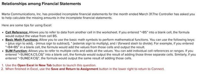 Solved Relationships among Financial Statements Marta | Chegg.com