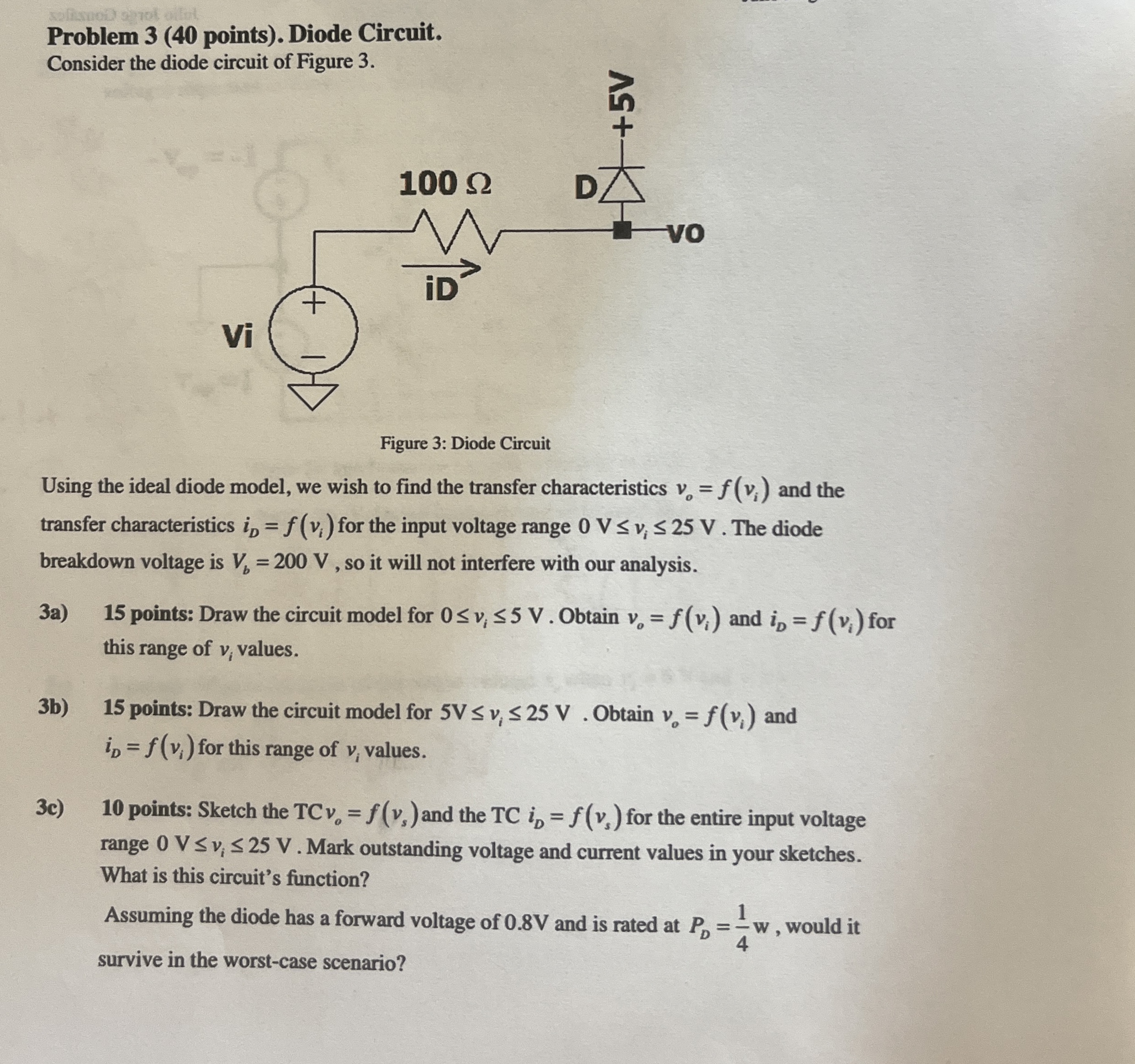 Problem 3 (40 ﻿points). ﻿Diode Circuit.Consider the | Chegg.com