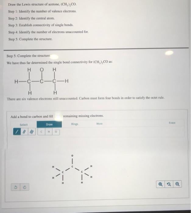 Solved Draw the Lewis structure of acetone, (CH),CO. Step 1: | Chegg.com