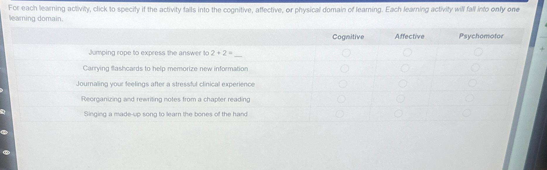 Solved For each learning activity, click to specify if the | Chegg.com