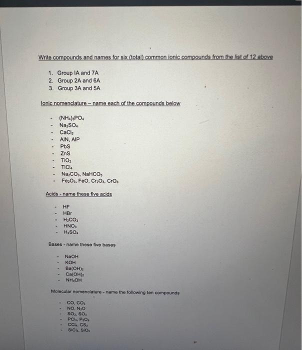 Solved Write compounds and names for six (total) common | Chegg.com
