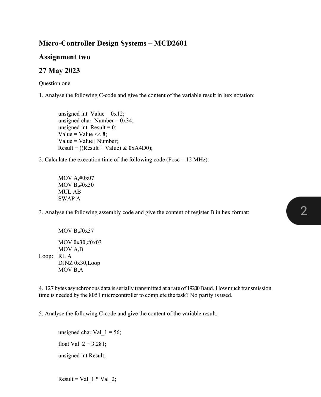 Solved 2. Calculate the execution time of the following code | Chegg.com