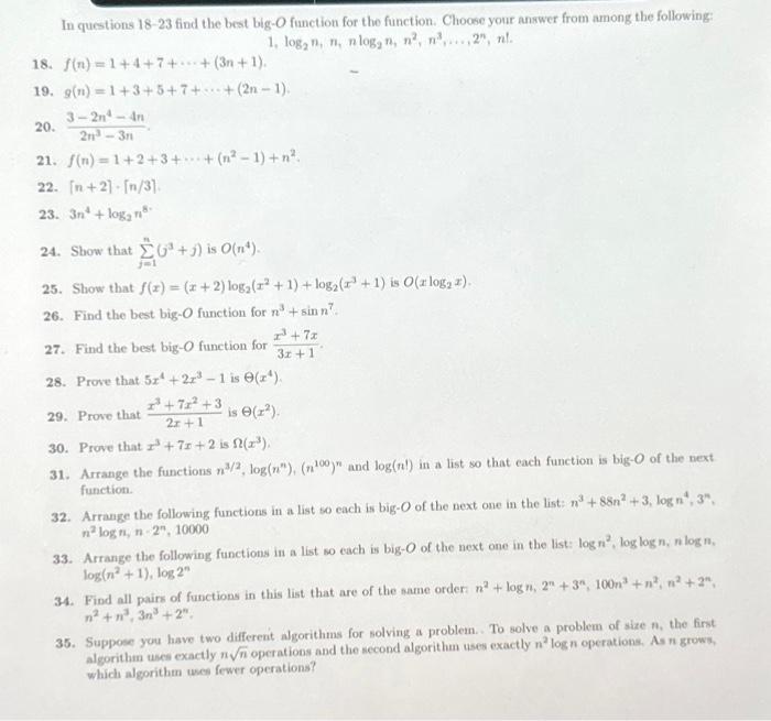 Solved In questions 18-23 find the best big-O function for | Chegg.com