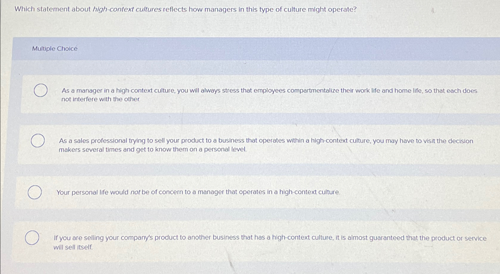 Solved Which statement about high-context cultures reflects | Chegg.com