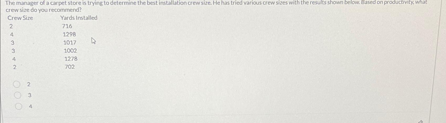 Solved The manager of a carpet store is trying to determine | Chegg.com
