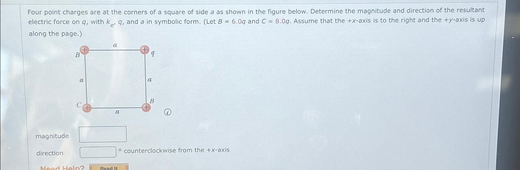 Solved Four point charges are at the corners of a square of | Chegg.com