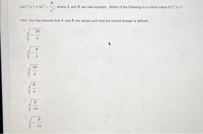 Solved Let f(x)=Ax2−x2B, where A and B are real numbers. | Chegg.com