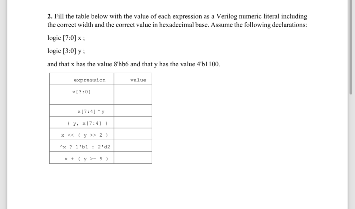 Solved Fill the table below with the value of each | Chegg.com