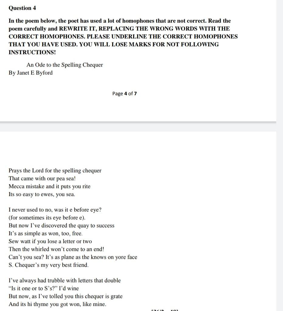 Question 4 In the poem below, the poet has used a lot | Chegg.com