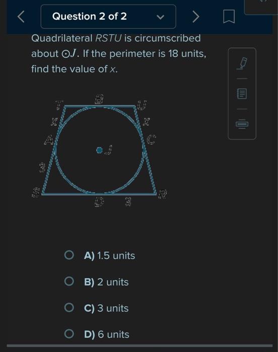 Solved Question 2 of 2 Quadrilateral RSTU is circumscribed | Chegg.com
