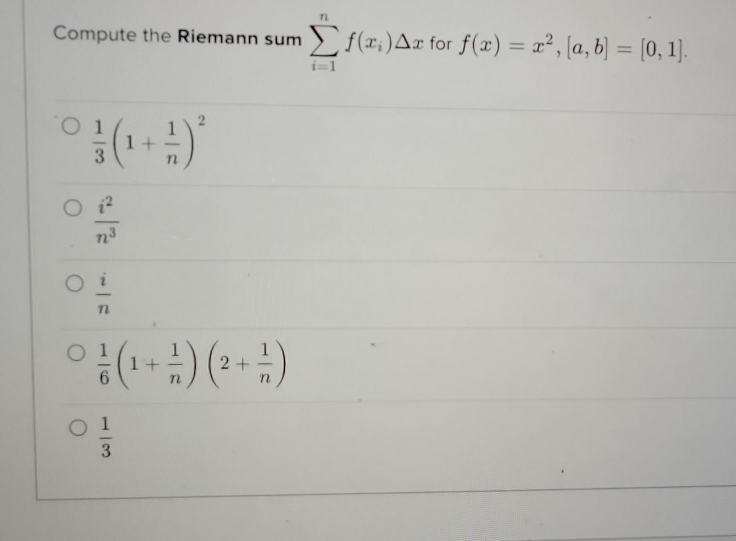 Solved Compute the Riemann sum ∑i=1nf(xi)Δx for | Chegg.com