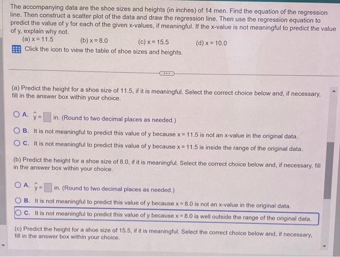 Solved The accompanying data are the shoe sizes and heights | Chegg.com